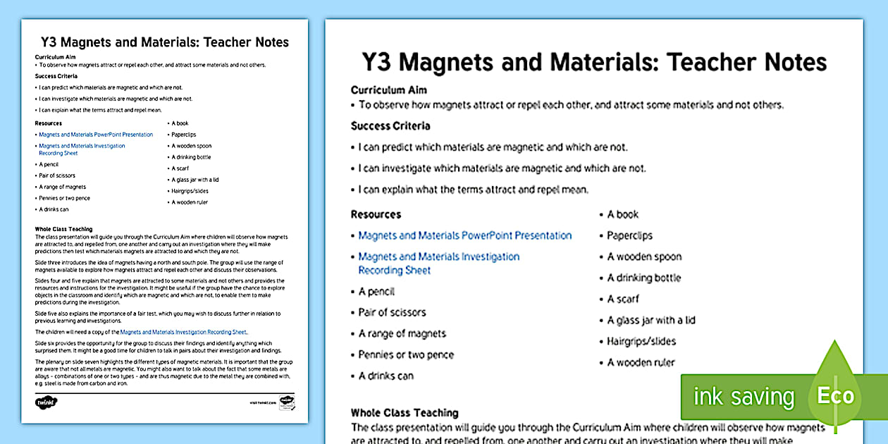 Magnets and Materials Investigation Teacher Notes - Twinkl