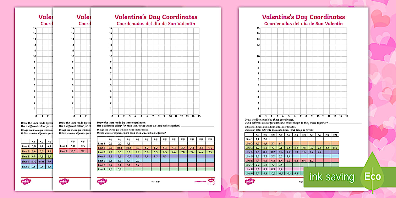 Valentine's Day Coordinates Worksheets - English / Spanish