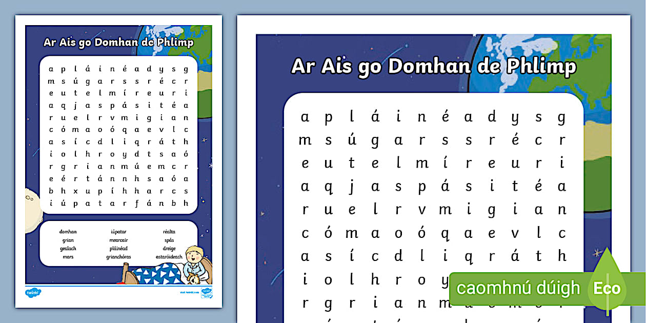 Ar Ais go Domhan de Phlimp Cuardach Focal - Twinkl