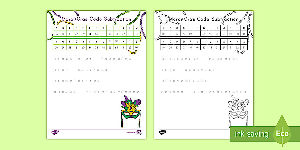 Mardi Gras Cryptic Code Subtraction Worksheet - Twinkl