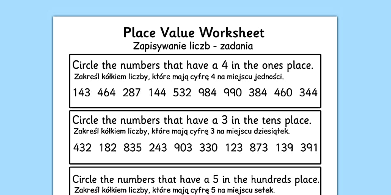 Lower Ability Place Value Worksheet 3 Digits Polish Translation
