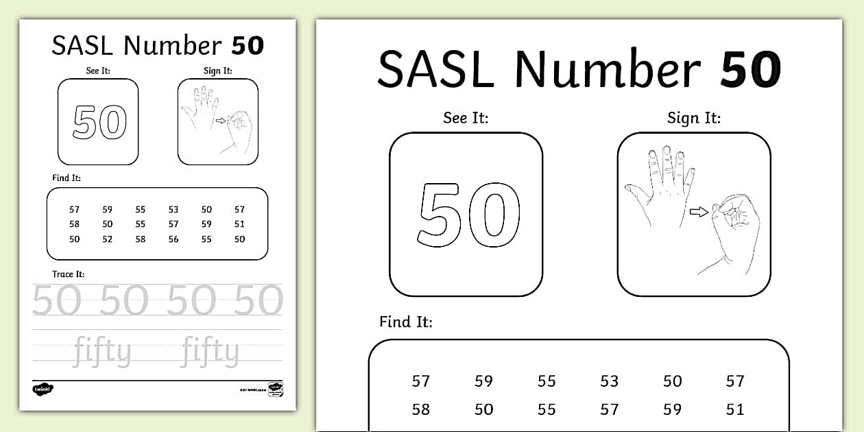 SASL Number 50 Activity Worksheet (Lehrer gemacht) - Twinkl