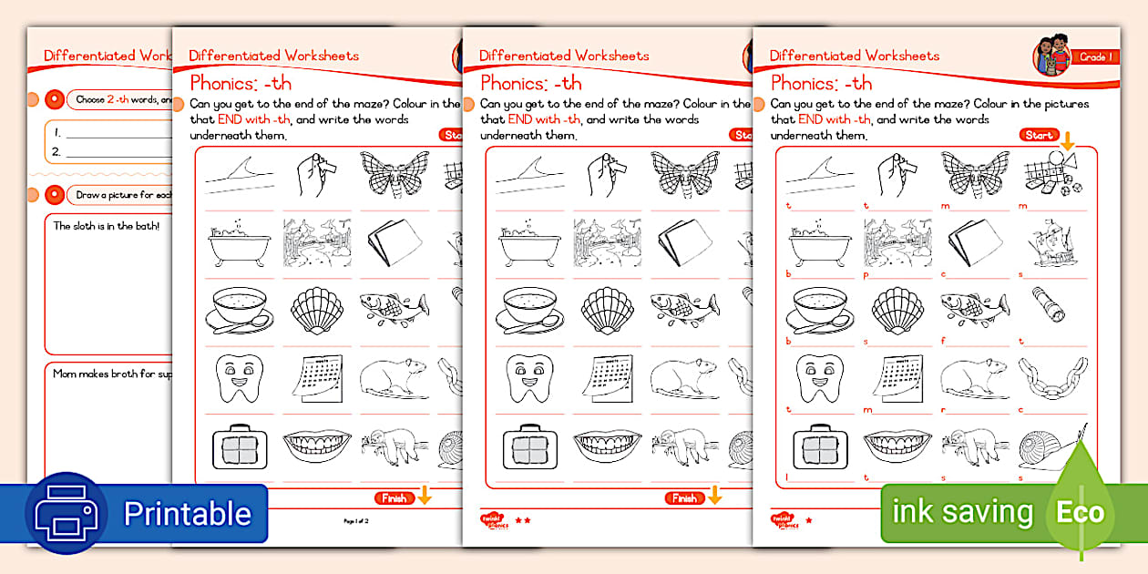 Grade 1 Phonics: -th Digraph Differentiated Worksheets