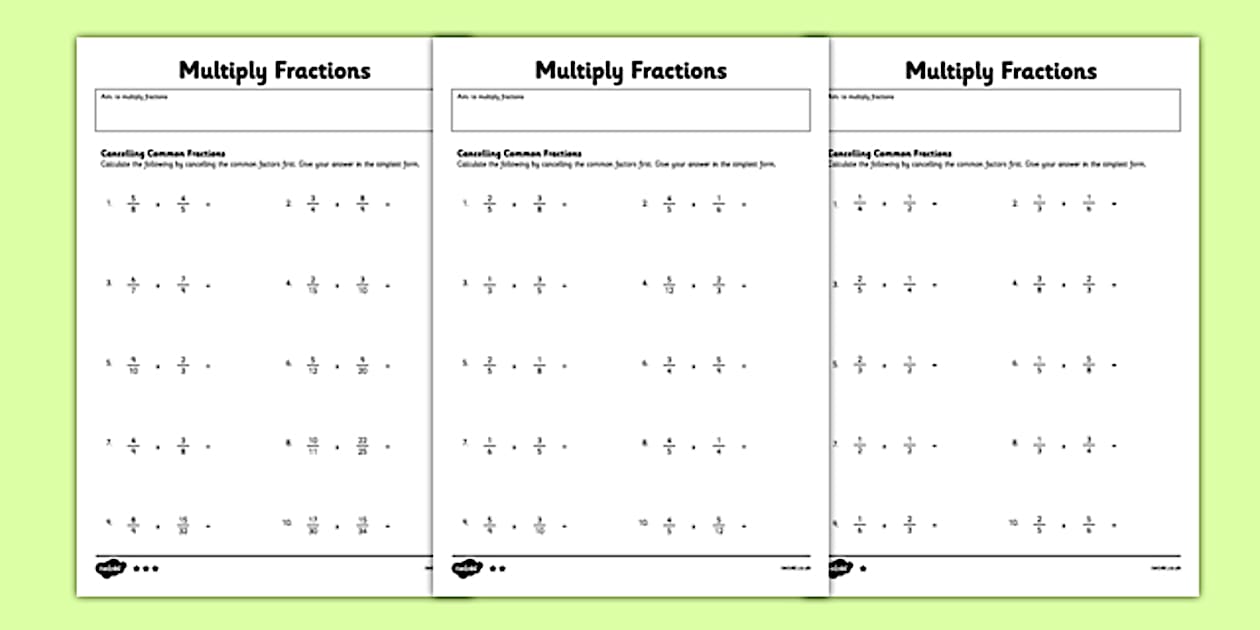 Year 6 Multiply Fractions Canceling Common Factors Worksheet / Worksheet