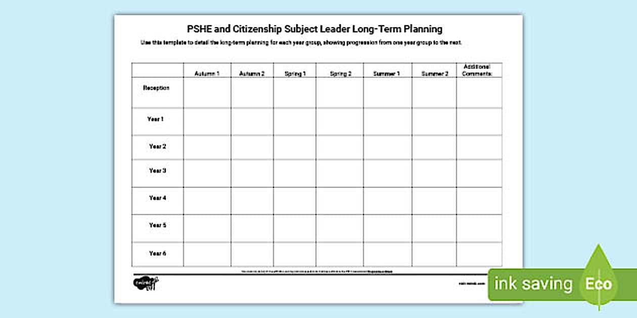 PSHE and Citizenship Subject Leader Long-Term Planning Sheet