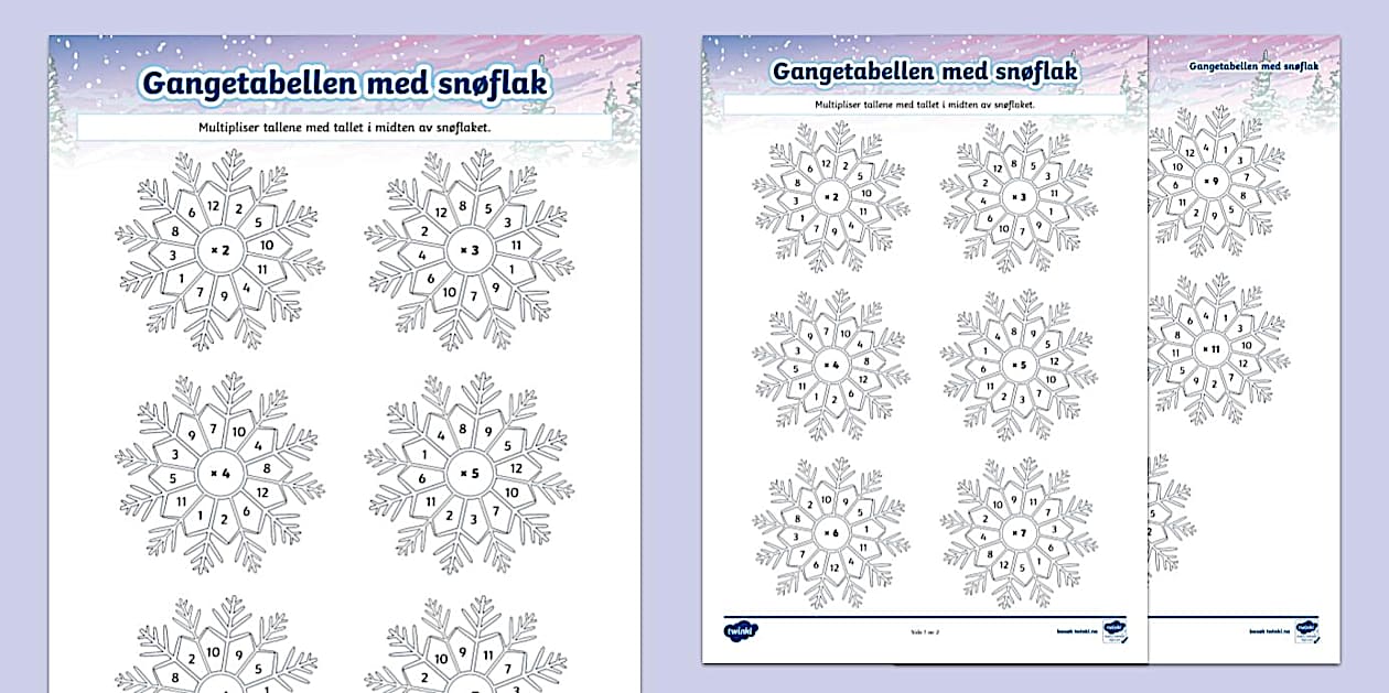 Gangetabell med snøflak for multiplikasjon - Twinkl
