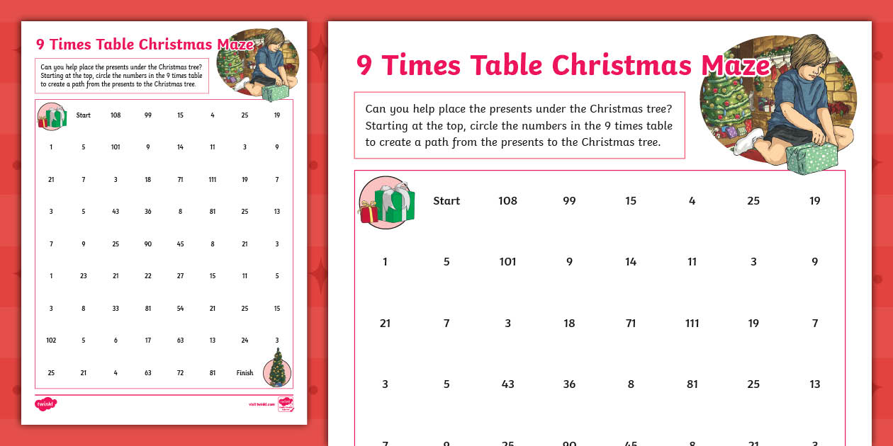 👉 9 Times Table Christmas Maze - Twinkl Maths