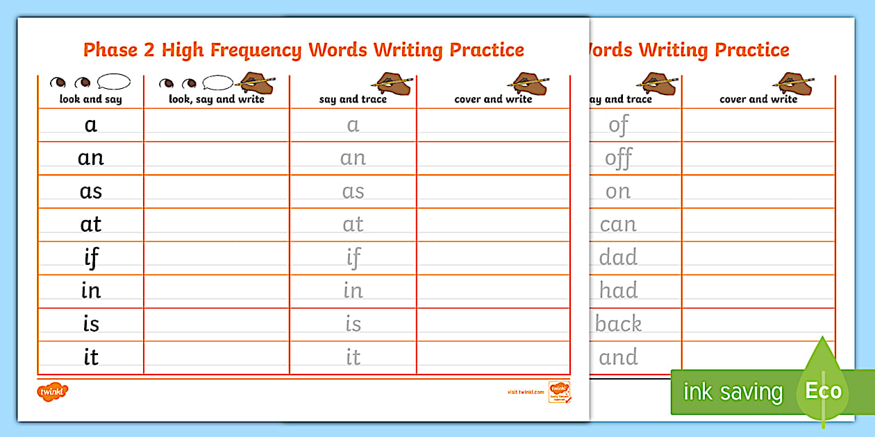 Editable Phase 2 High Frequency Words Writing Practice Worksheets