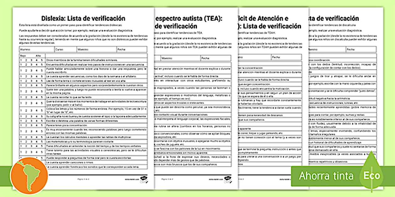 Listas de verificación: Dislexia, Discalculia, TEA y TDAH