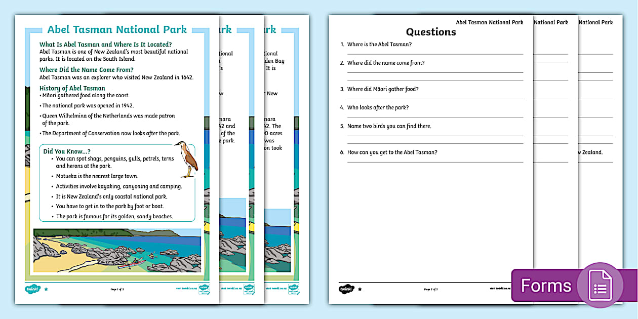Abel Tasman Reading Comprehension Activity - Twinkl