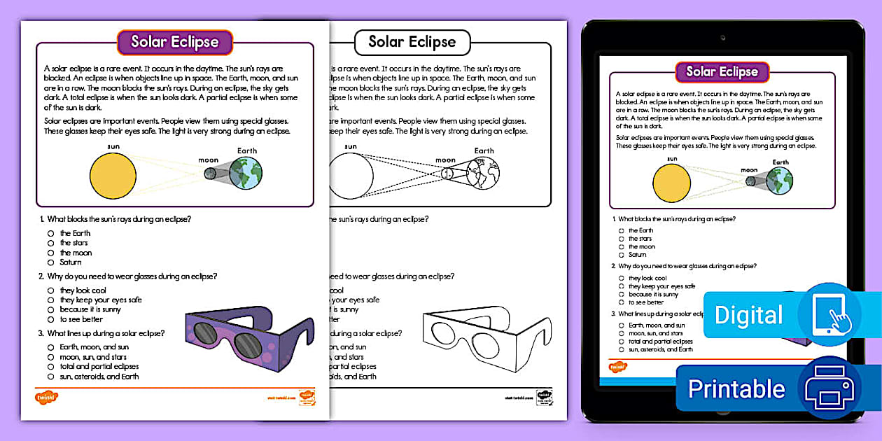Solar Eclipse Reading Passage Comprehension Worksheet