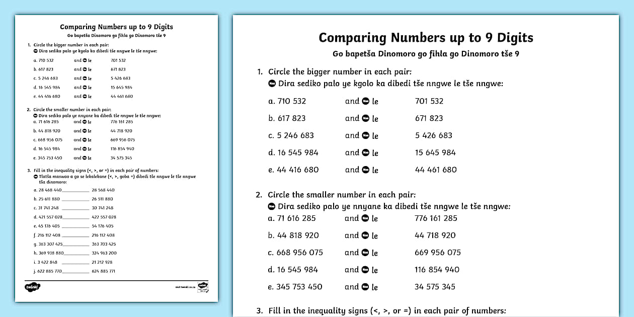 Comparing Numbers up to 9 Digits Activity Sheet Sepedi