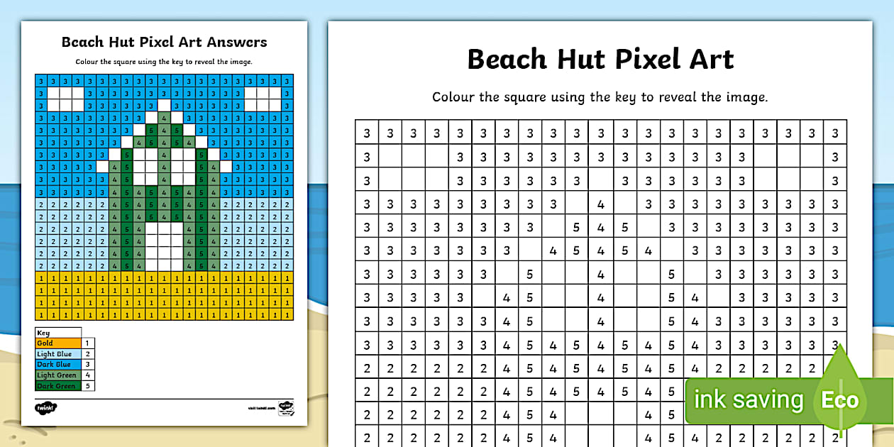 Beach Hut Pixel Art Template (Teacher-Made) - Twinkl
