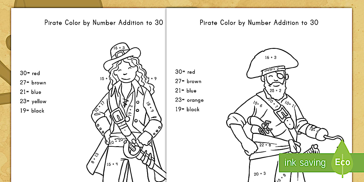 Pirate Addition to 30 Color by Numbers Worksheet / Worksheets
