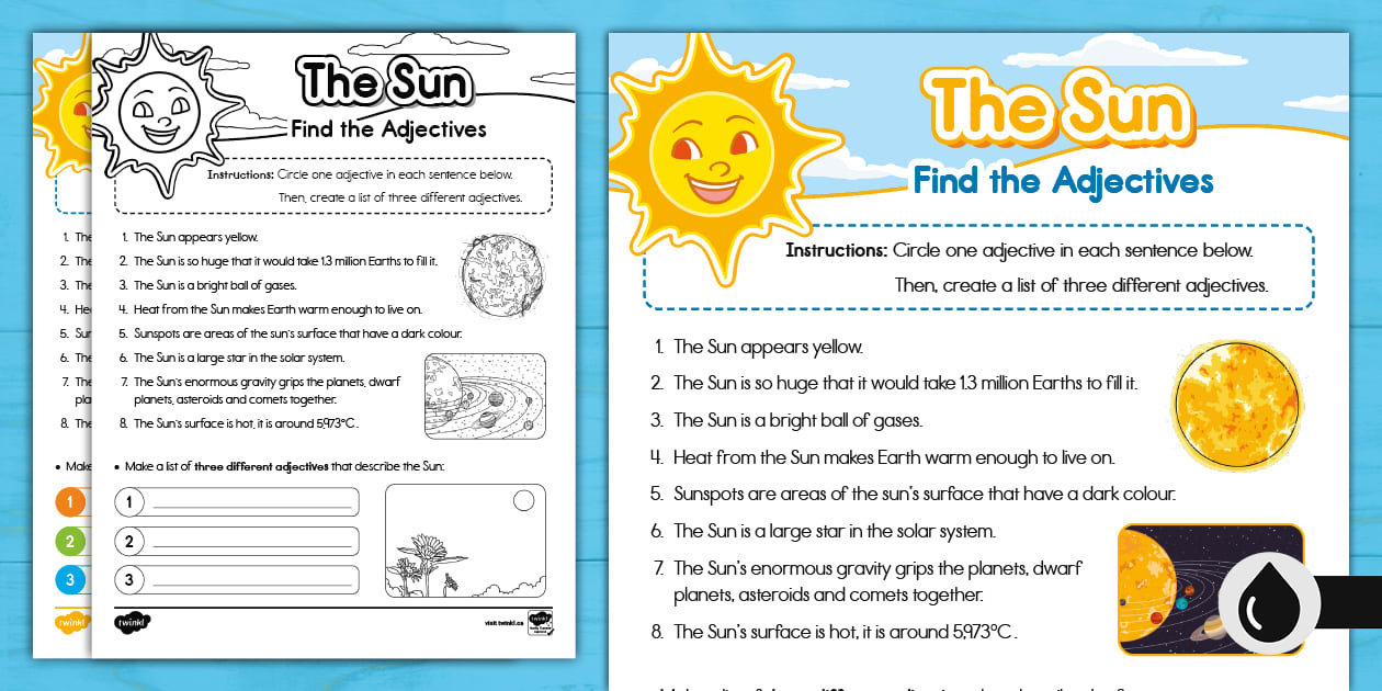 * NEW * The Sun Find the Adjectives Worksheet - Twinkl
