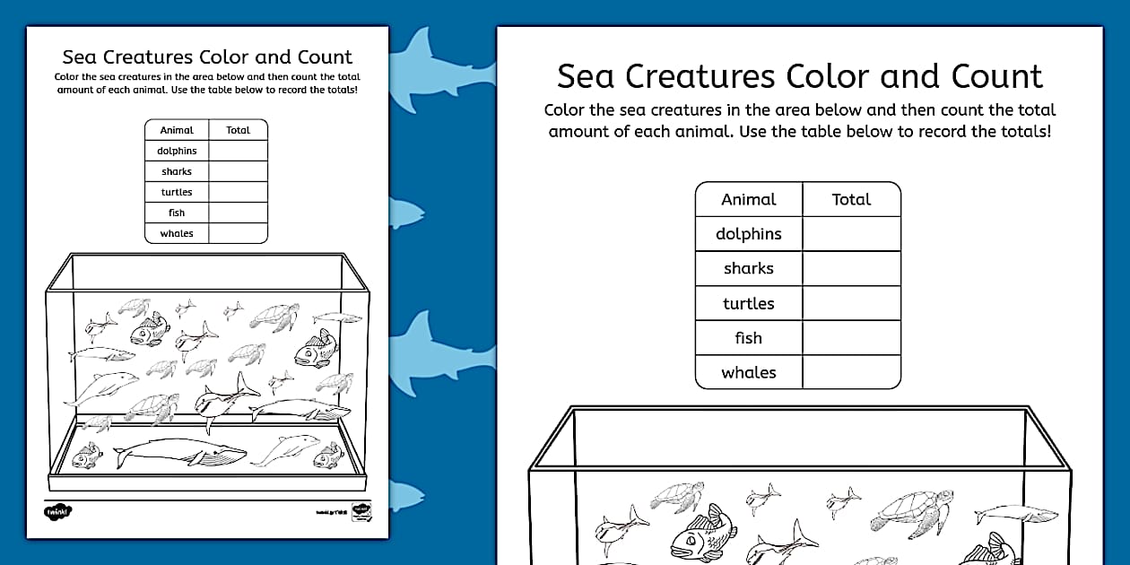 Sea Creatures Color and Count Worksheet - Twinkl