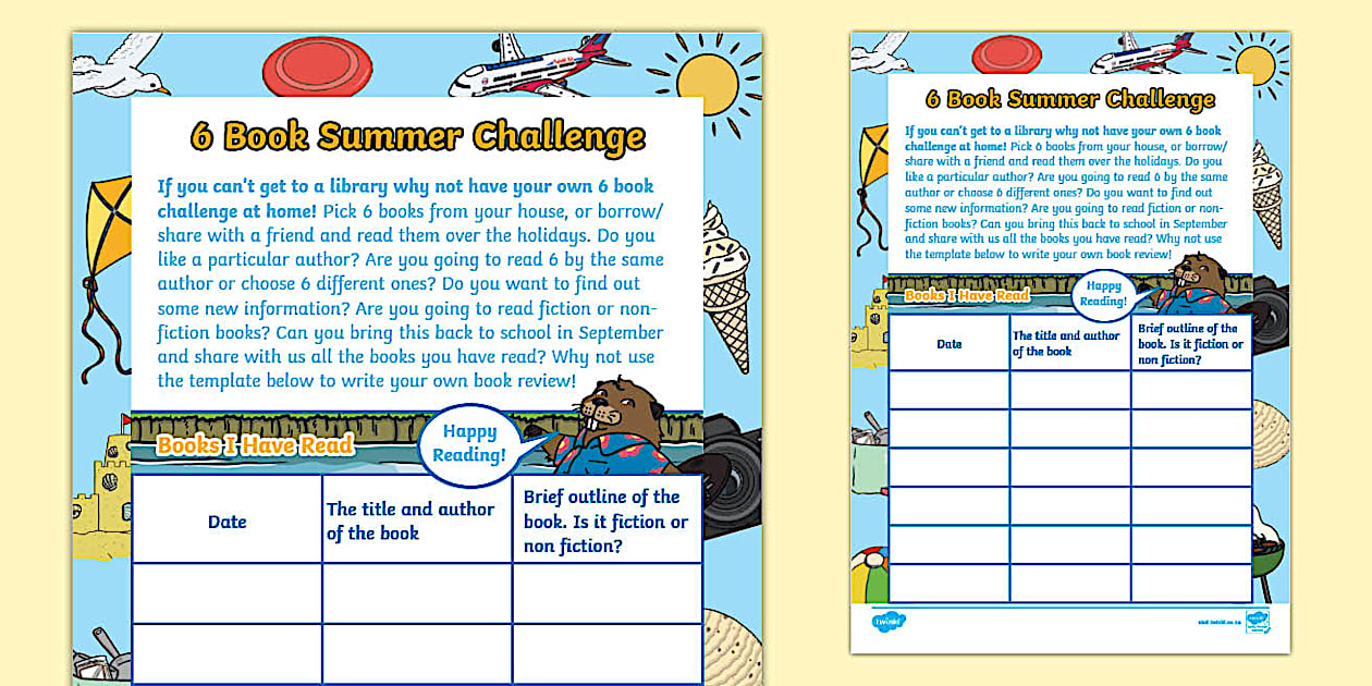 Black and White 6 Book Summer Challenge Record Sheet