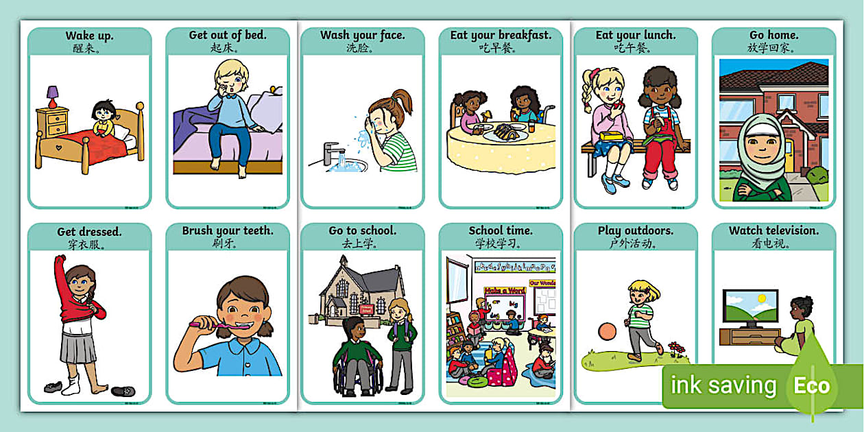 Daily Routines Cards (Girls) - English/Mandarin Chinese