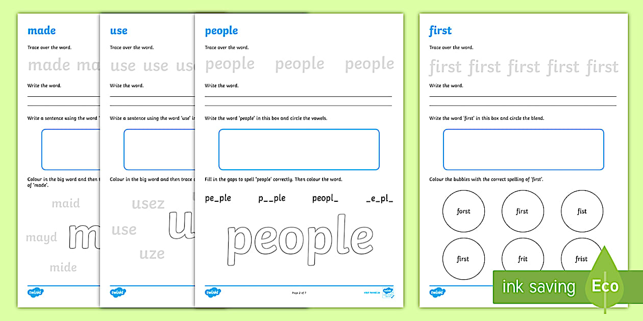 Black and White First Class Spelling List (Weeks 7-12) Worksheets