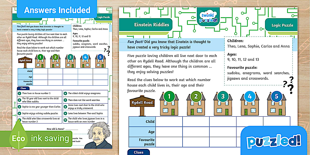 Einstein Riddles Logic Puzzle - Twinkl - Kids Puzzles