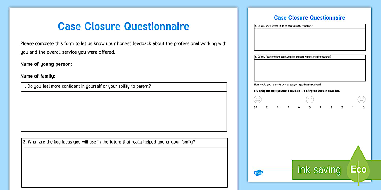 Black and White Case Closure Questionnaire Young People & Families Case ...