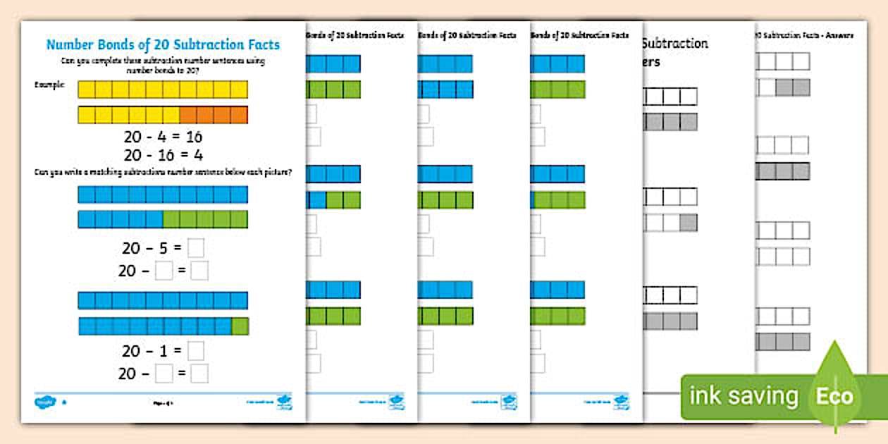 Number Bond Sticks Subtraction within 20 Worksheets - Twinkl