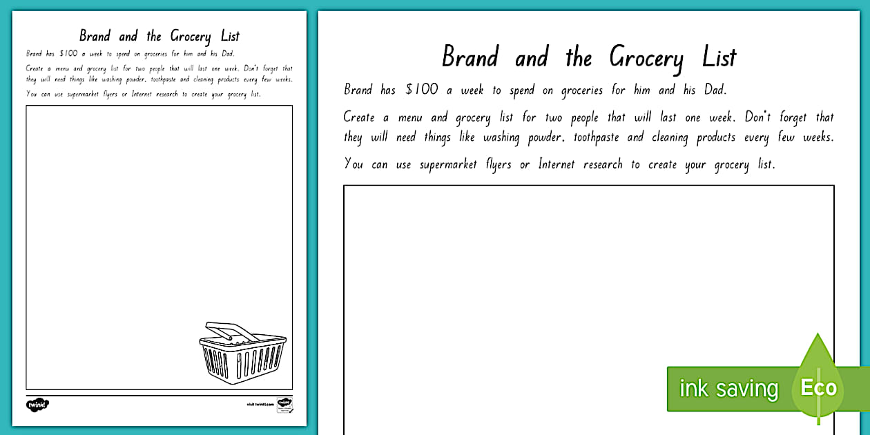 Menu and Grocery List for pages 223 to 260 Worksheet / Worksheet To Support