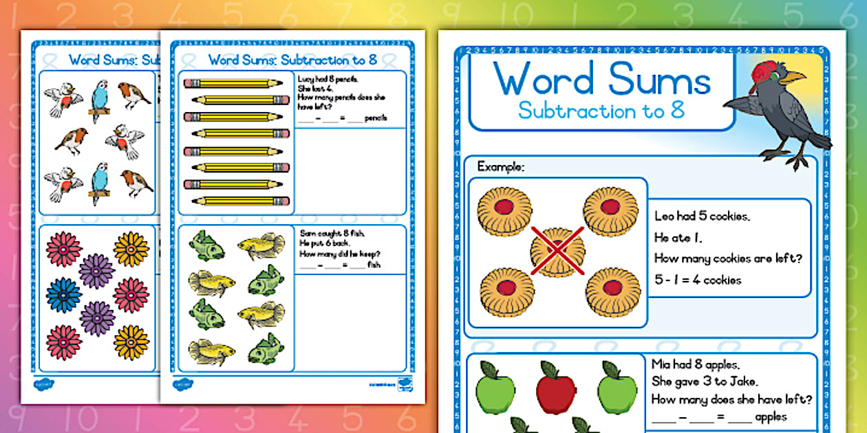 Grade R Word Problems Subtraction Sums to 8 (teacher made)