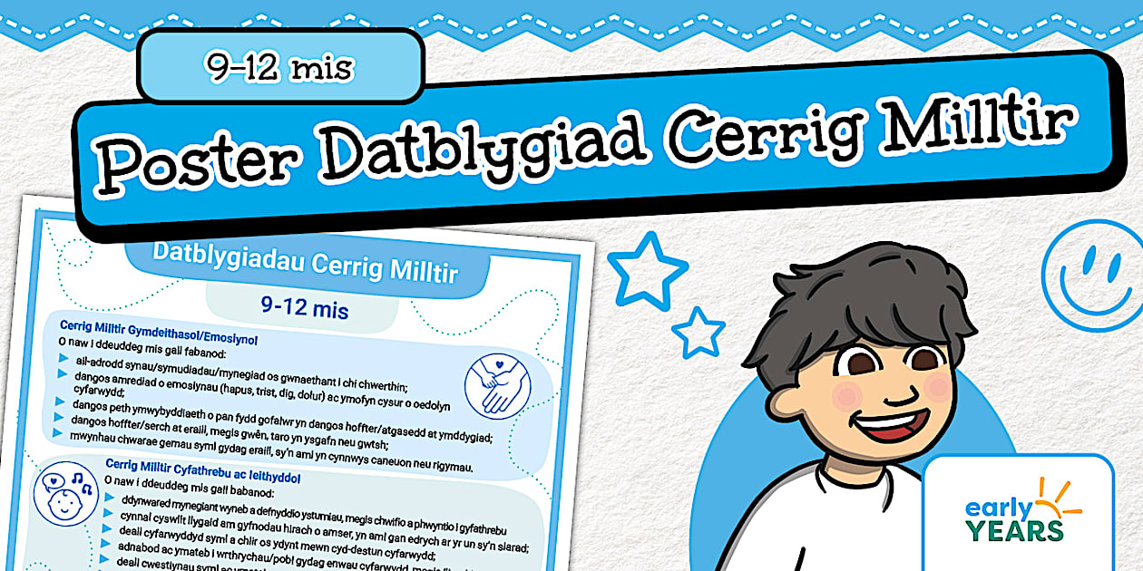 Poster Datblygiad Cerrig Filltir 9-12 mis - Twinkl