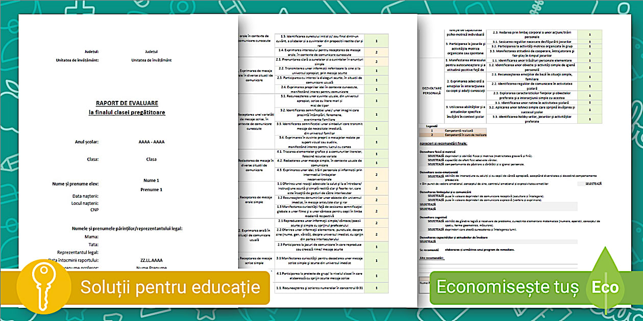 Model raport de evaluare clasa pregătitoare – completat