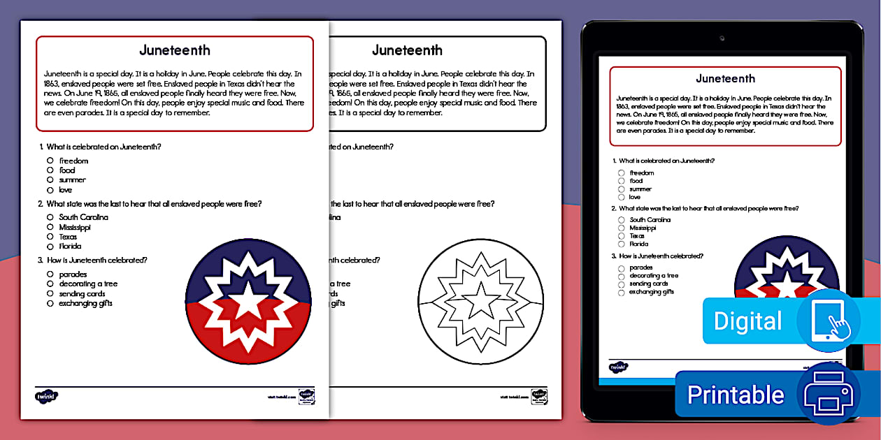 Kindergarten Juneteenth Reading Passage Comprehension