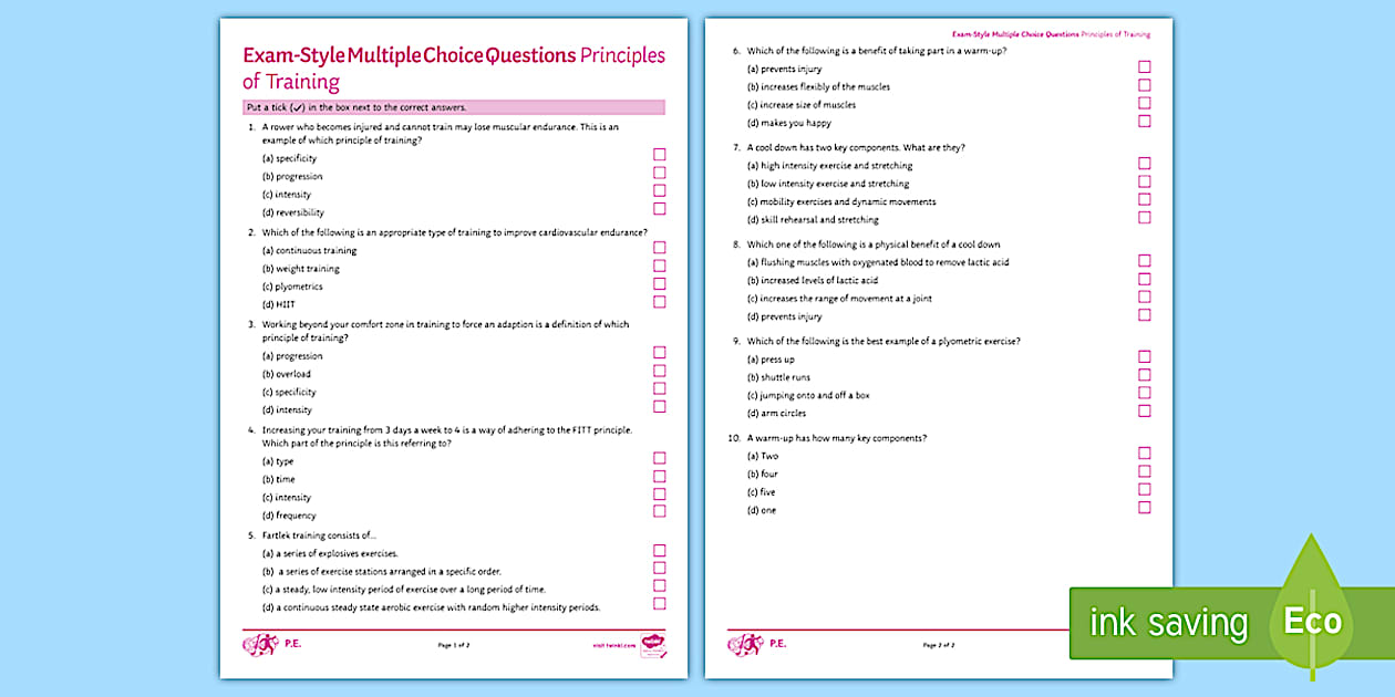 GCSE PE Exam-Style Multiple Choice Questions: Principles of Training