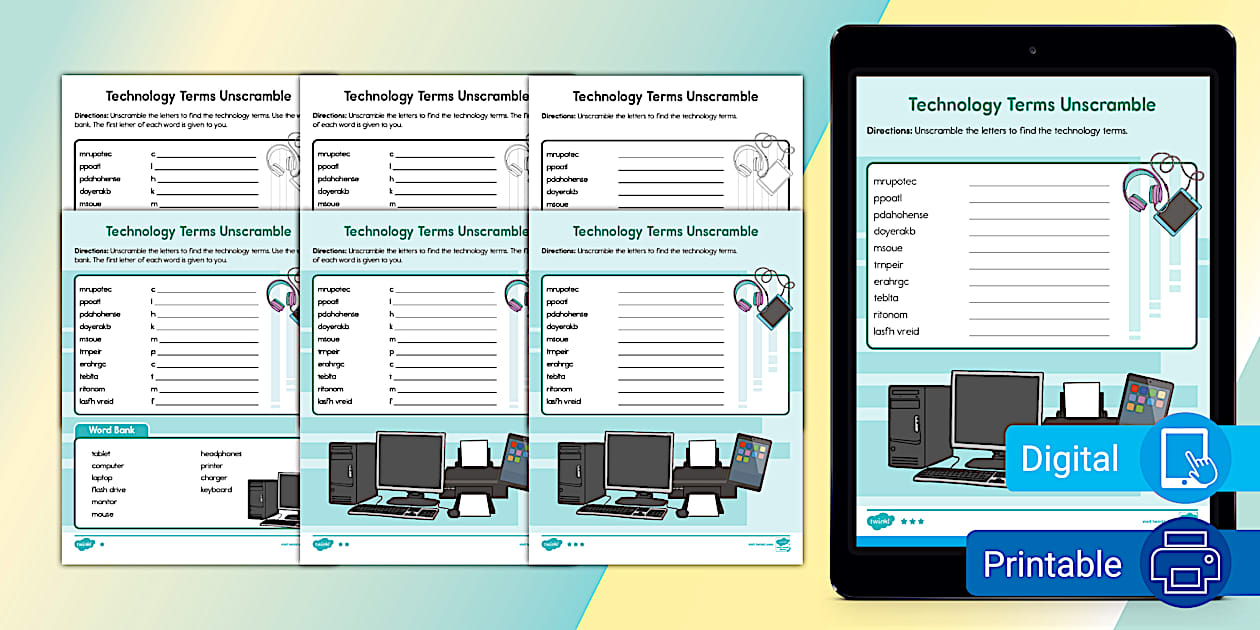 Technology Terms Differentiated Word Unscramble for K-2nd Grade