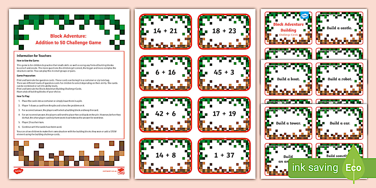 Block Adventure: Addition to 50 Challenge Game - Twinkl
