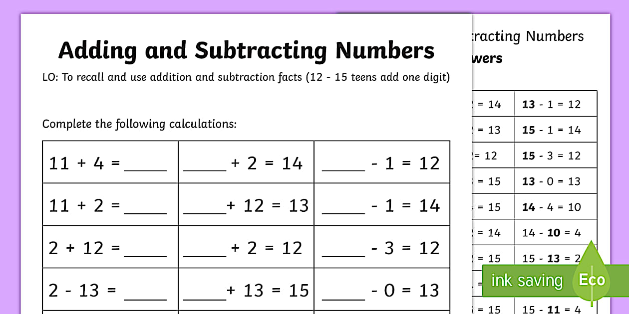 Number Facts Worksheet 12-15 Teens Add One Digit - Twinkl