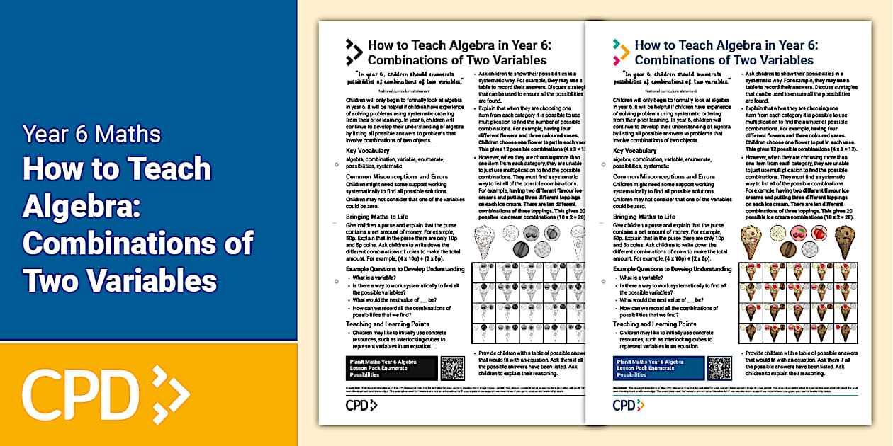 How to Teach Algebra in Year 6: Combinations of Two Variables