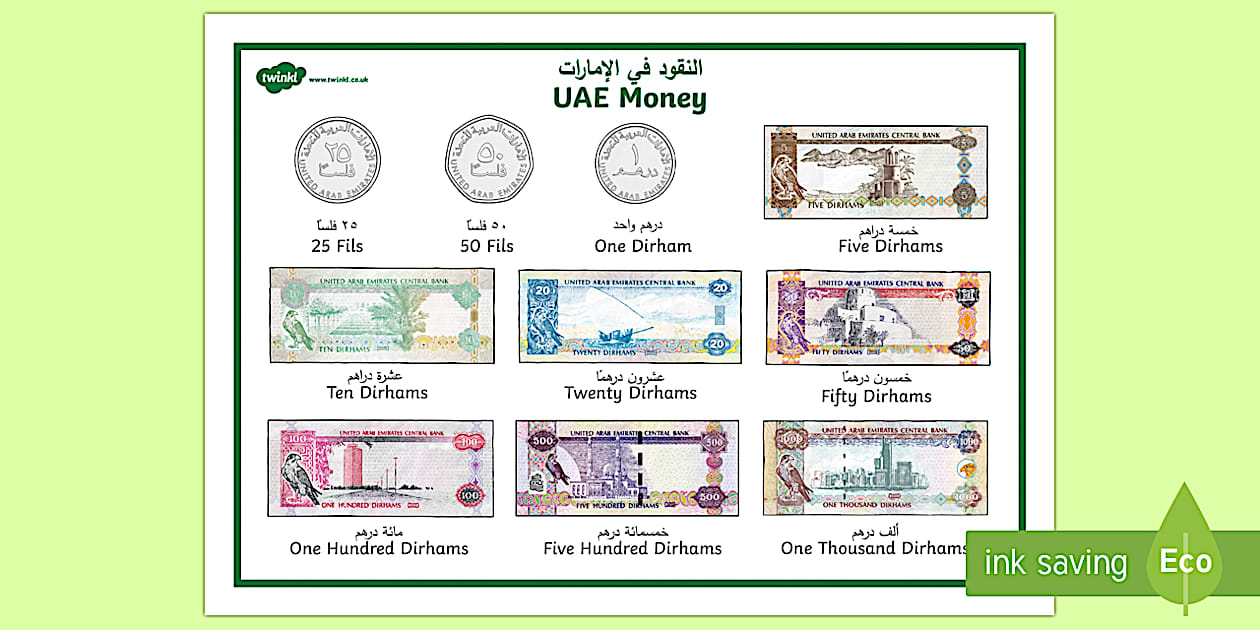 UAE Year 3 Money Word Mat Arabic/English - Twinkl