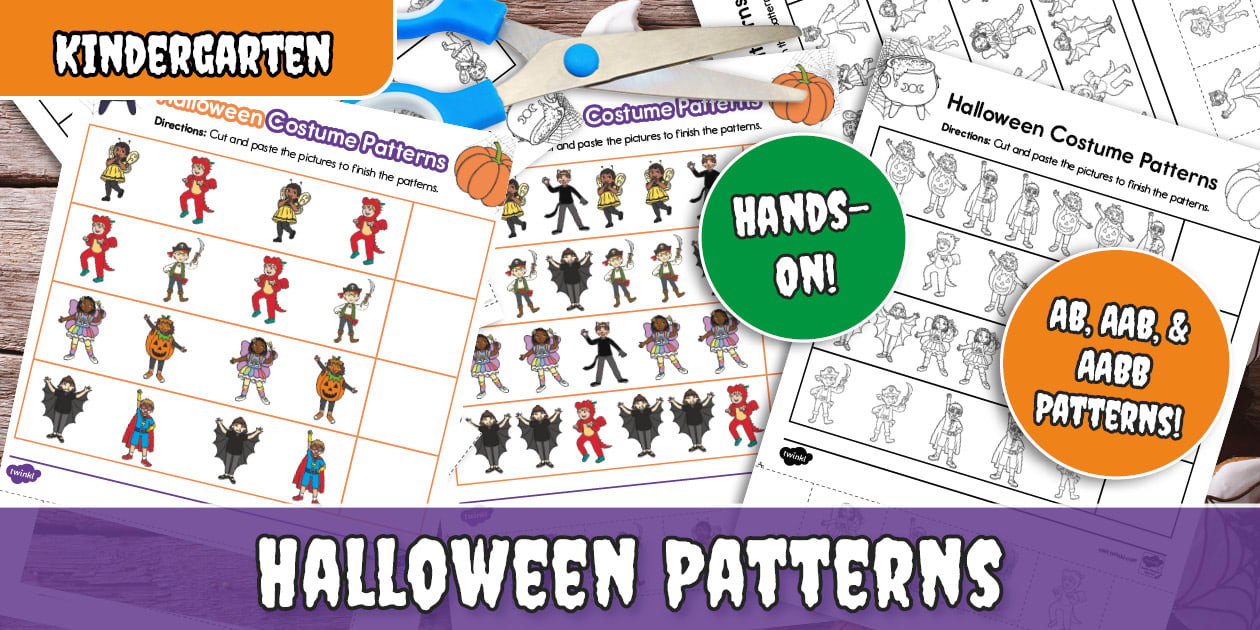Kindergarten Halloween Pattern Cut and Paste Math Worksheets