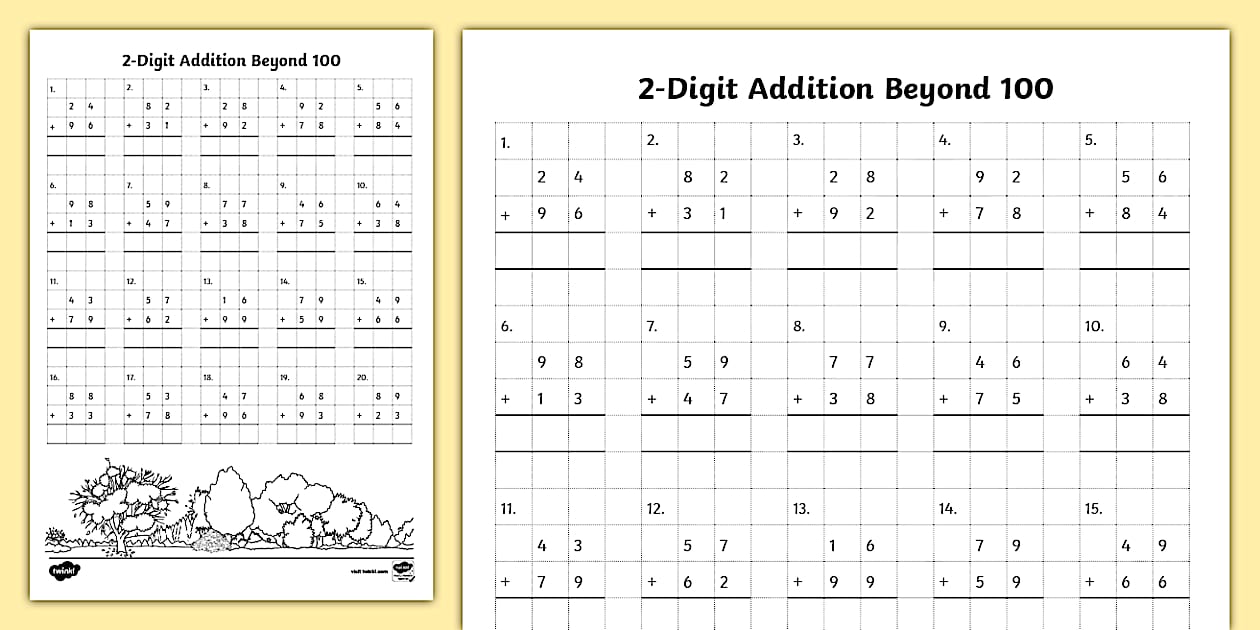 Autumn-Themed 2-Digit Addition Beyond 100 Activity Sheet