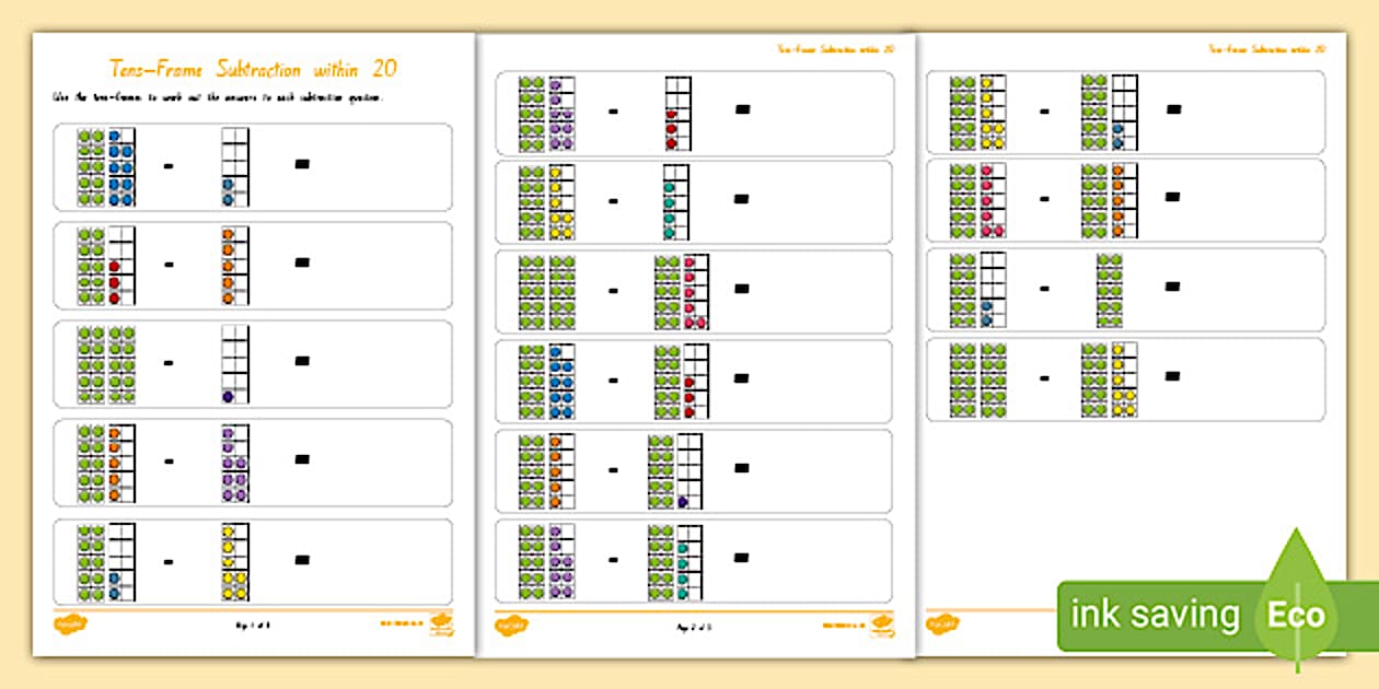 Tens-Frame Subtraction within 20 Worksheets (teacher made)