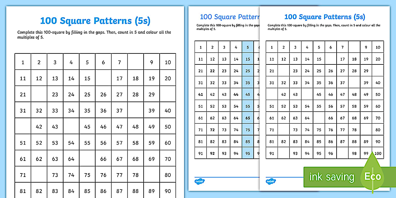 Algebra - 100 Square Patterns (5s) Worksheet - Twinkl