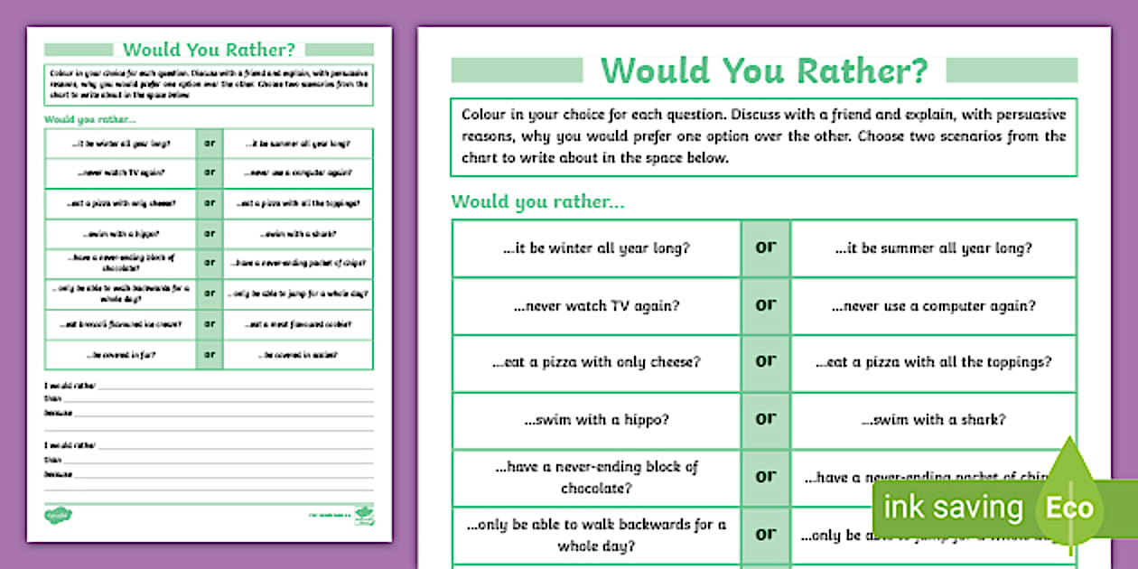 Would You Rather? Persuasive Discussion (teacher made)