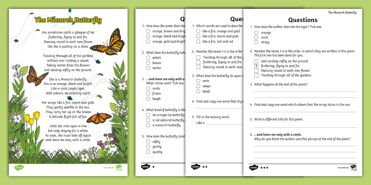 Monarch Butterfly Poem Reading Comprehension - KS1 - Twinkl