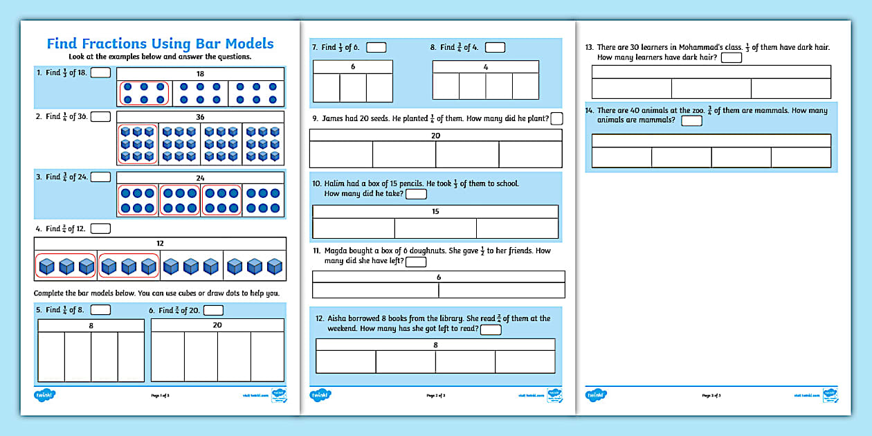 👉 Finding Fractions Bar Models Activity Sheet - Twinkl