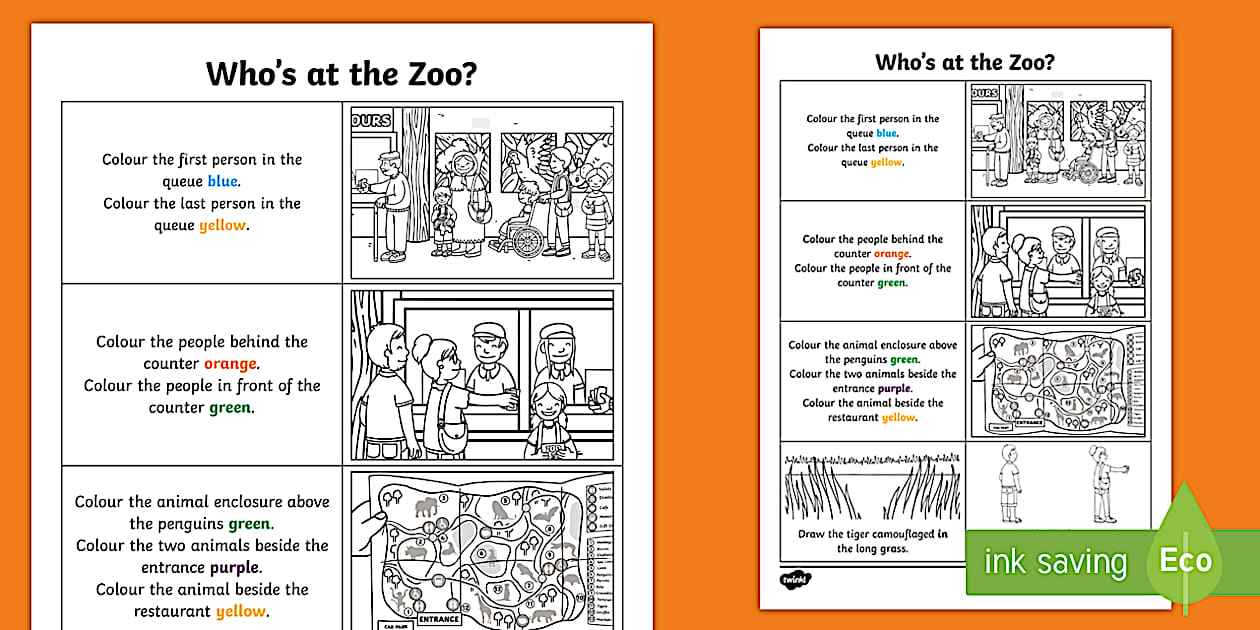 Who's at the Zoo? Spatial Awareness Worksheet / Worksheet