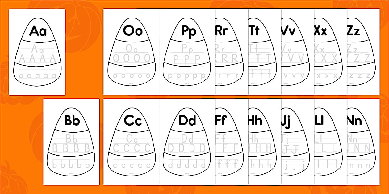 Candy Corn Uppercase and Lowercase Letter Tracing Cards