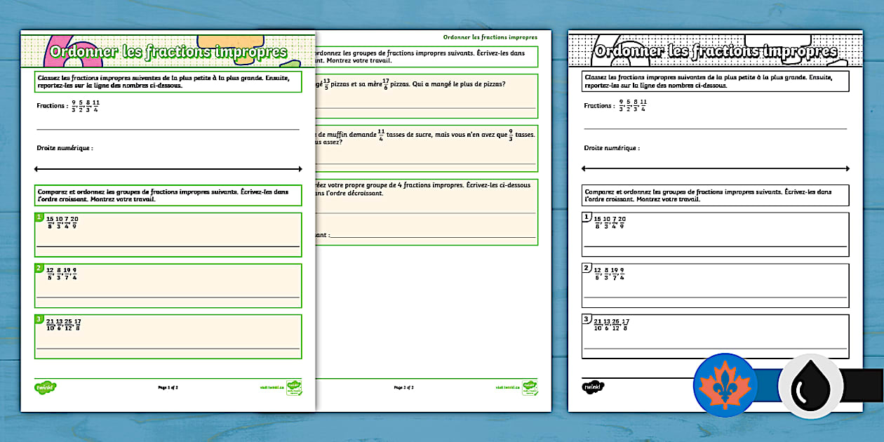 Comparing and Ordering Improper Fractions Activity Sheet French