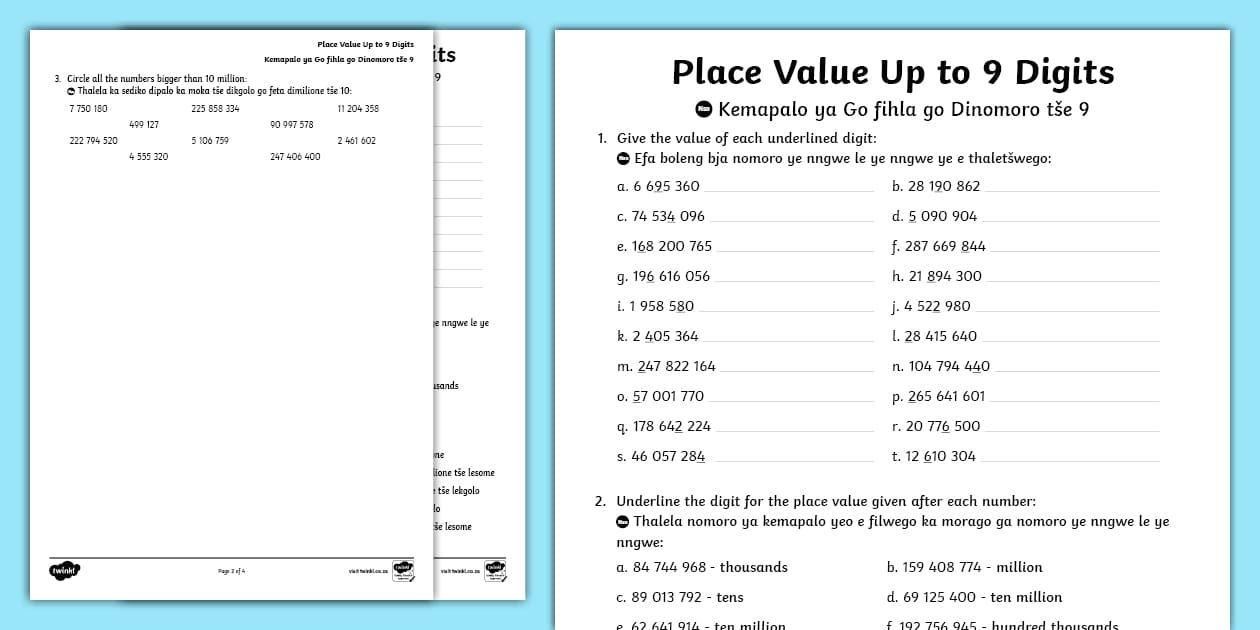 Place Value Up to 9 Digits Activity Sheet Sepedi - Twinkl