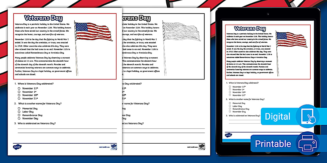 Fourth Grade Veterans Day Reading Passage Comprehension