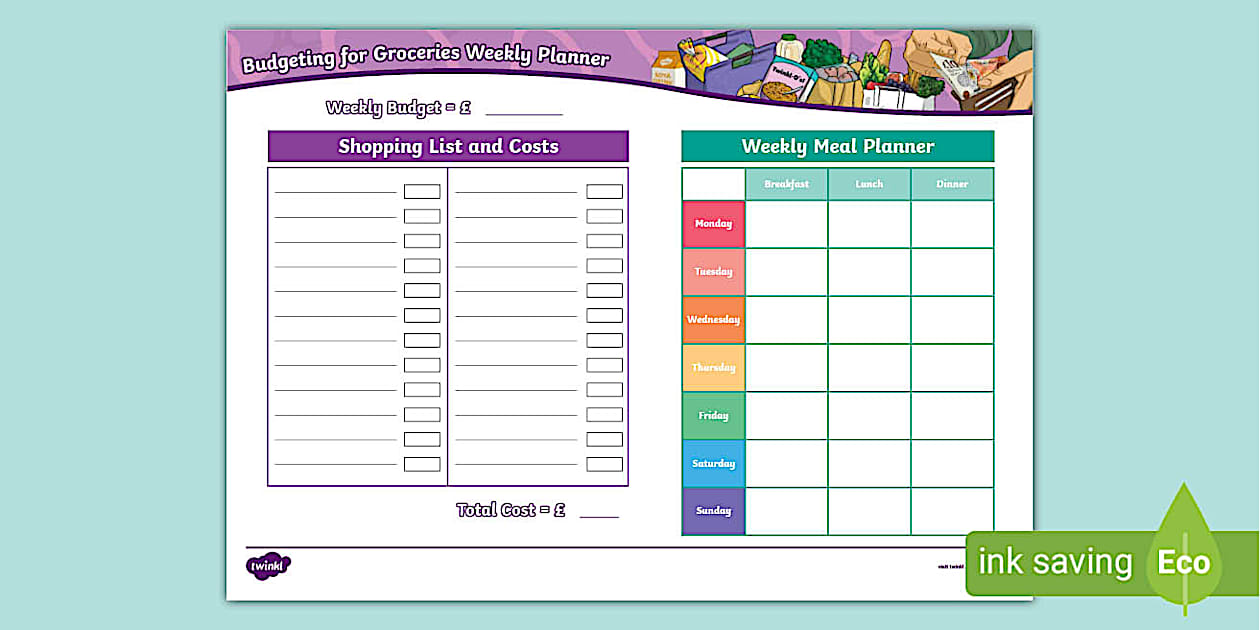 Life Skills: Budgeting for Groceries Weekly Planner - Twinkl